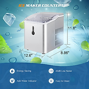 Electactic Ice Maker Countertop, Efficient Easy Carry Ice Maker, Self-Cleaning Ice Maker with Ice Scoop & Basket, 9pcs/ 8mins 26.6Lbs Per Day for Home/Office/Kitchen, Silver (Z3912)