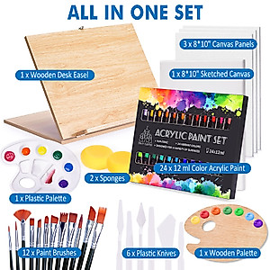 Easel Art Set, 40 Piece Painting Supplies with 1 Art Easel, 24 Acrylic Paint Set, 4 Painting Canvas, 12 Paint Brushes & Necessary Paint Set Tools, Art Supplies for Kids Adults Beginners Artists Pros
