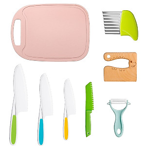 HANHAN 8 PCS Kids Knife Set, Include 4 Pcs Plastic Knives with Serrated Edges, Crinkle Cutter, Y Peeler, Crocodile Wood Knife & Durable Cutting Board for Fruit, Vegetable, Bread, Cake & more (#A)