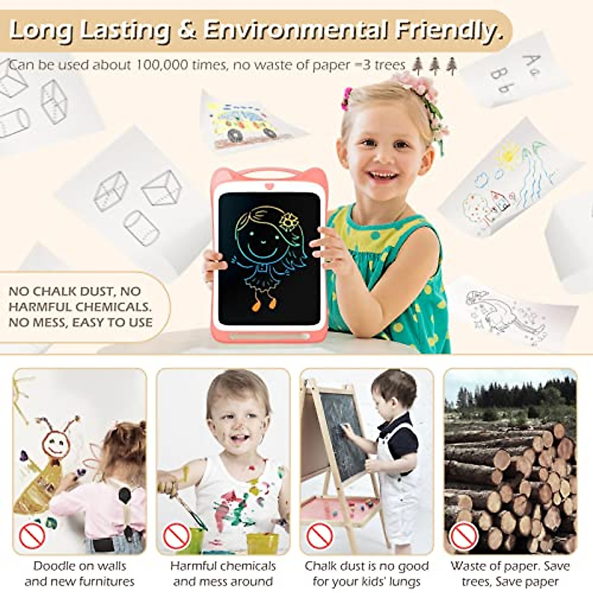 Jasonwell Kids Drawing Pad Doodle Board 12'' Colorful Toddler Scribbler Board Erasable LCD Writing Tablet Light Drawing Board Educational Learning Toys Gift for 2 3 4 5 6 7 8 Year Old Girls Boys