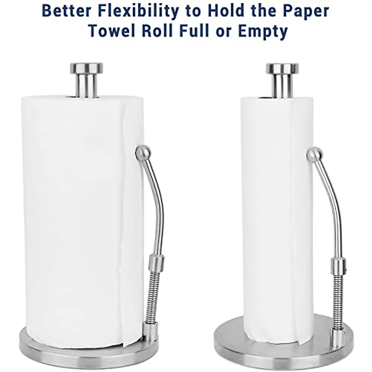 Paper Towel Holder Countertop,Longer Spring Arm(8cm) Stainless Steel Kitchen Paper Towel Holder Stand,Brushed Nickel Easy Tearing Paper Towel Dispenser with Weighted Base Fit Most Size Paper Roll,V1