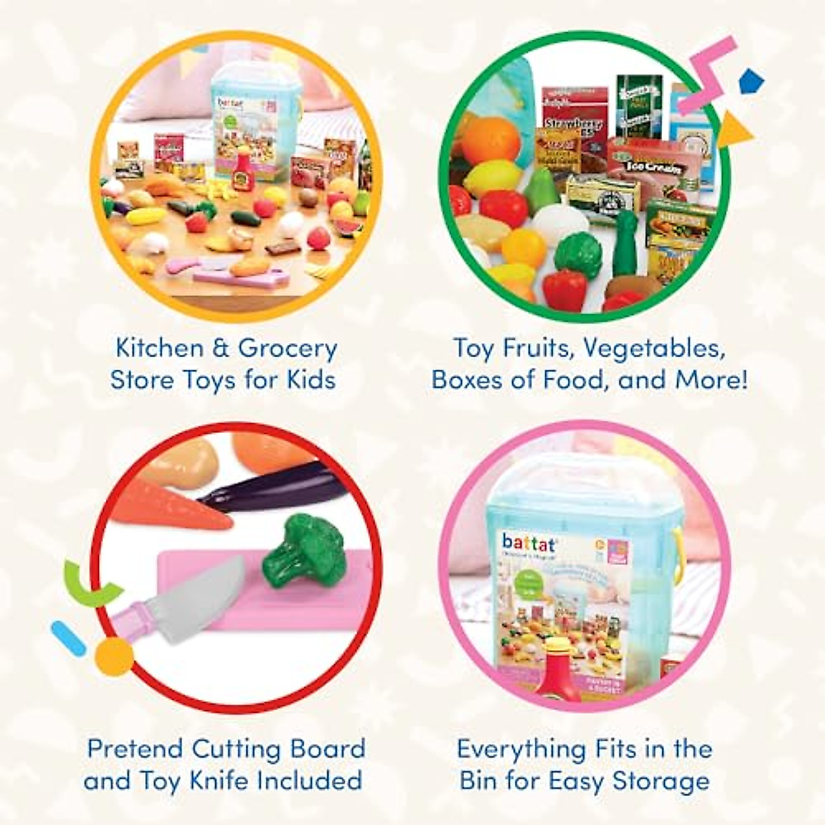 Battat- Play Circle- Play Food – Kitchen Toys – Grocery Store- Pretend Play- Pantry In A Bucket- 3 years + (79 Pcs)