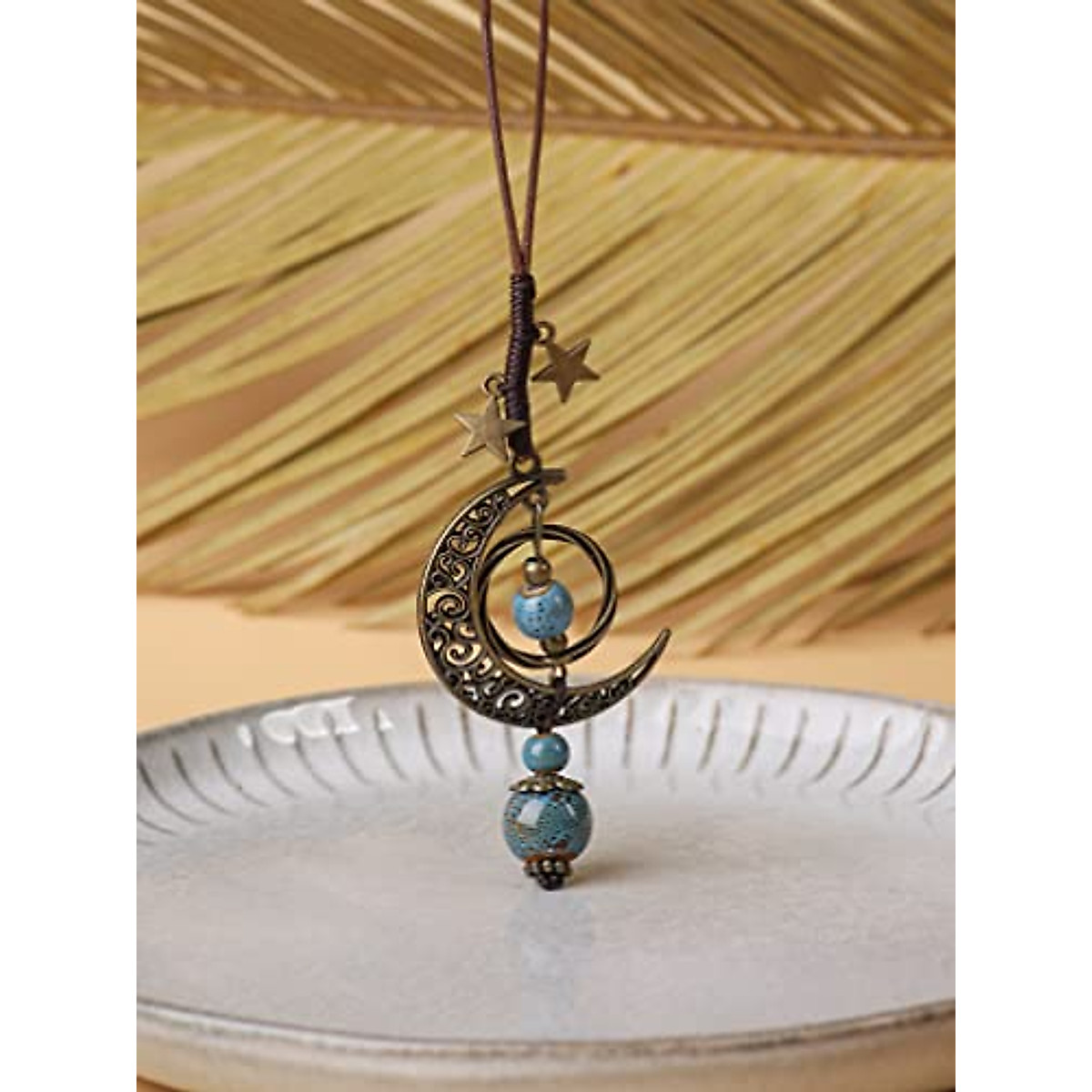 MINACHI Bohemian Hippie Moon Stars Ceramic Beads Lariat Necklace, Hippie Jewelry Gift for Women (Blue)