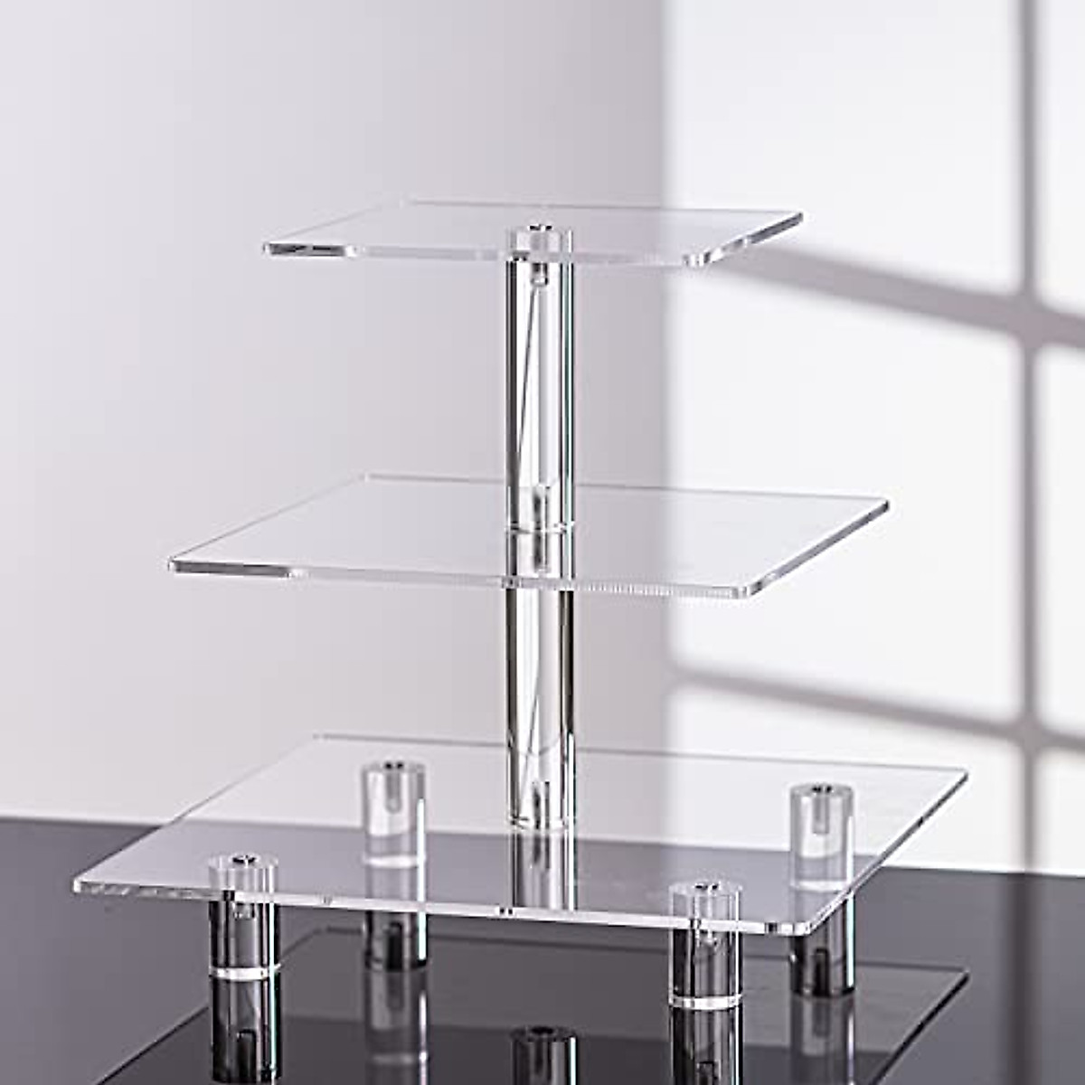 Jusalpha® 3 Tier Strong Acrylic Square Cupcake Stand, Dessert Display Tower (Clear, 1)