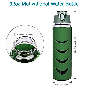 Justfwater 32 oz Borosilicate Glass Water Bottle with Straw Reusable Glass Drinking Bottle with Flip Top Lid and Silicone Sleeve (Green)