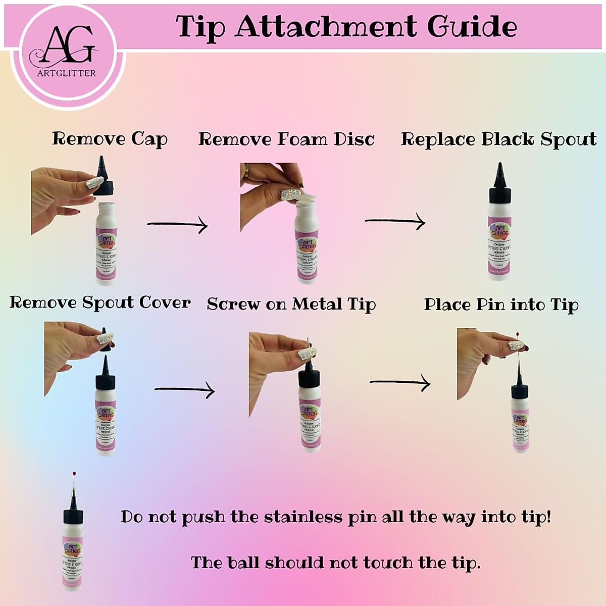 Art Institute Glitter Designer Dries Clear Adhesive Clear Glue Kit Bundle-3 Items 8oz,2oz and Metal Tip, Multicolored