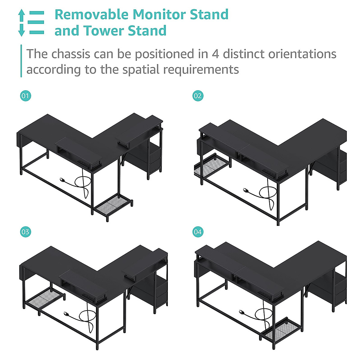 Lufeiya L Shaped Gaming Desk with Led Lights and Power Outlets, 47 Inch Corner Home Office Desk with Monitor Stand Shelves, Writing Study Computer Desks with Fabric Drawers for Bedroom, Black