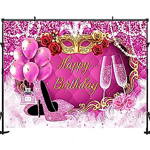 7x5ft Pink Happy Birthday Backdrop High Heel Mask Pink Glitter Backdrop for Birthday Party 50th 70th Birthday Backdrop in Pink Birthday Backdrop for Women