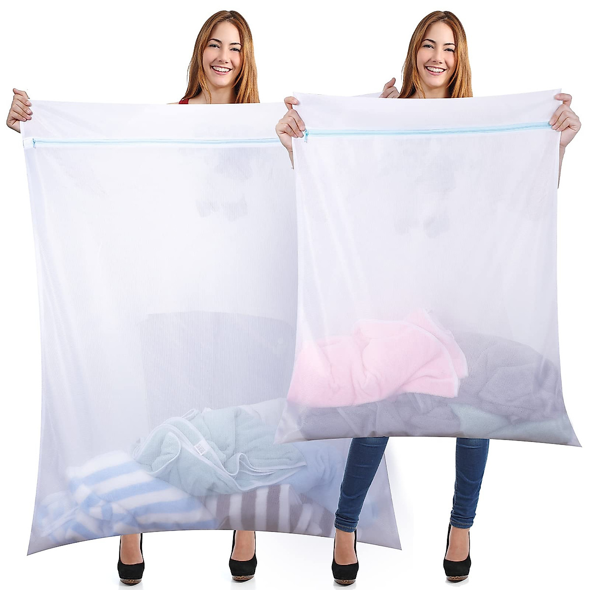 Windyun 4 Pieces Jumbo Mesh Laundry Bags, 43 x 35 and 24 x 32 Inches Large Mesh Wash Bags Zippered Garment Bag for Washing Machine Garment Dirty Clothes Washer Dryer Net Protector