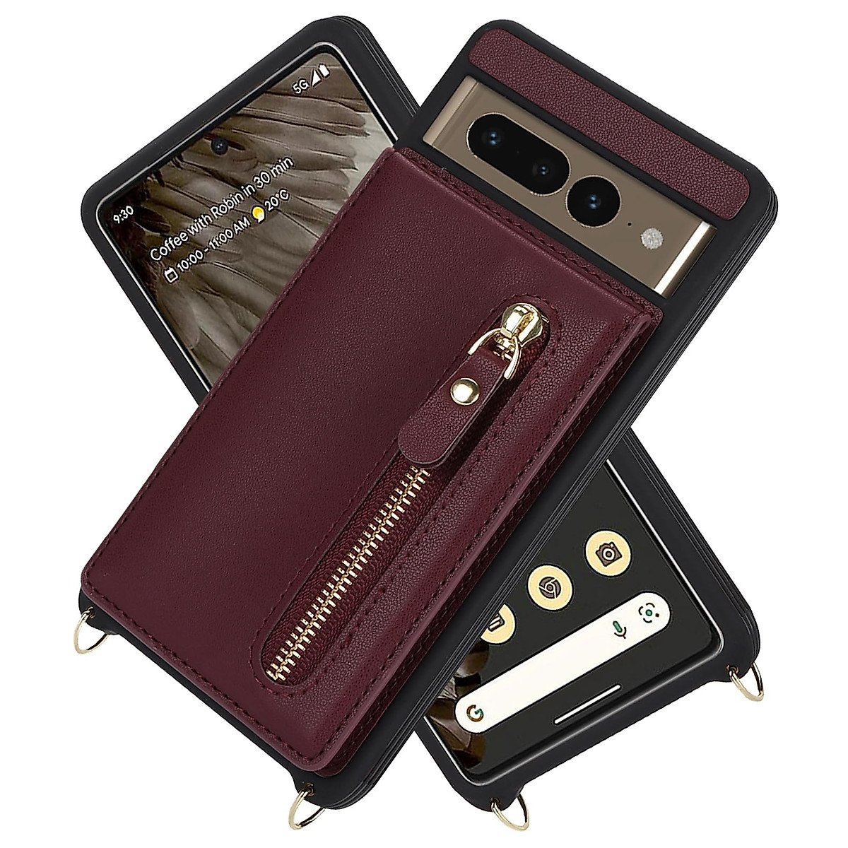 Jaorty Fit for Google Pixel 7 Pro Case for Women with Card Holder 6.7" 5G 2022,Pixel 7 Pro Phone Case with Strap,Crossbody Lanyard Cases with Credit Card Slots with Stand,Burgundy