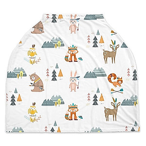YayaTete Stretchy Multi Use Cover Woodland Animals Car Seat Canopy Nursing Breastfeeding Cover Up Shopping Grocery Cart High Chair Covering Baby Nursery Decor, White, Tan, Brown, One Size