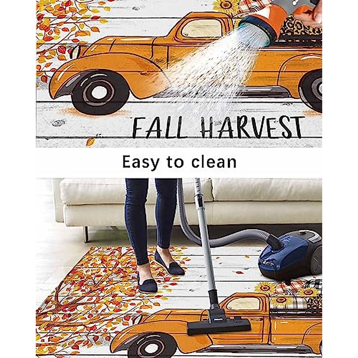 Outdoor Area Rug for Patio,Thanksgiving Autumn Farm Truck Pumpkins Camping Rugs Indoor Large Floor Mat 4x6ft,Fall Orange Leaf Flowers on Wooden Outside Carpet for Deck RV Picnic Porch Backyard