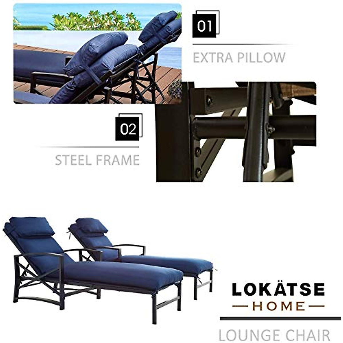 LOKATSE HOME Outdoor Patio Chaise Lounge Chair with Adjustable Backrest and Arms Metal Lounger Furniture All Weather, Blue