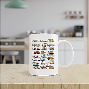 kunlisa Colorful Alphabet Mug Cup,Cartoon Construction Truck Ceramic Mug-11oz Coffee Milk Tea Mug Cup,Gifts For Kids Teens Toddlers Boys,Construction Truck Lovers Gifts