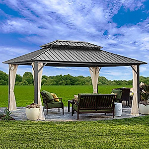 Outdoor Patio Hardtop Gazebo with Netting,Galvanized Steel Double Roof Canopy Gazebo,Aluminum Frame for Patio,Garden,Backyard,Lawn and Deck,Black(10x12ft)