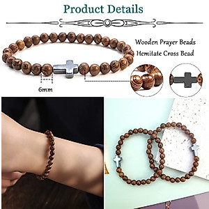 FIRAZIO 12Pcs Christian Prayer Beads Bracelet for Women Mens Wooden Beads Cross Bracelet Religious Mala Beaded Bracelets Fashion Jewelry 6mm/8mm