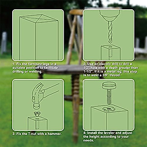 3/8" Threaded Leveling Feet Adjustable Table/Furniture Feet Levelers Screw on Heavy Duty Desk/Chair/Cabinet/Dresser/Bench Leg Leveler Screw in with Threaded Inserts(3/8-16,Large Base,Black,4 Pack)