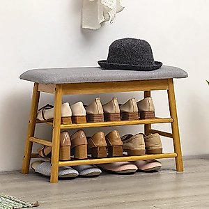 IOTXY Shoe Rack Storage Bench - Bamboo Shoe Shelf with Cushioned Seat and Organizer Compartment, Upholstered Bench for Entryway, Hallway, Bedroom, 27.6"