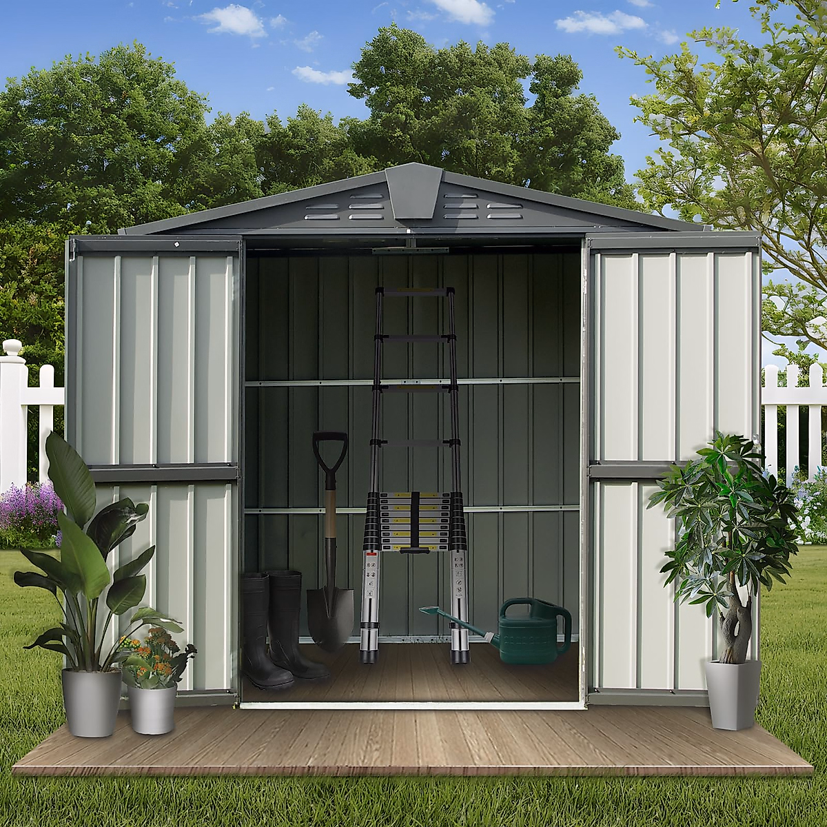 5.7x3 FT Outdoor Storage Shed, Lockable Galvanized Steel Garden Shed Storage Cabinet, Metal Waterproof Tool Sheds for Backyard Garden Patio Lawn (Grey, 5.7x3 ft)