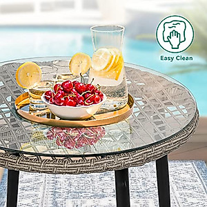 YITAHOME 3-Piece Outdoor Patio Furniture Wicker Bistro Set, All-Weather Rattan Conversation Chairs for Backyard, Balcony and Deck with Soft Cushions, Glass Side Table, Gray Rattan