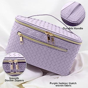 QFDS Makeup Bag,Travel Make Up Organizer Cosmetic Brush Bags Case for Women in Durable and PU Woven Plaid Leather,Portable Cosmetic Bag With Zipper Pocket (Purple)