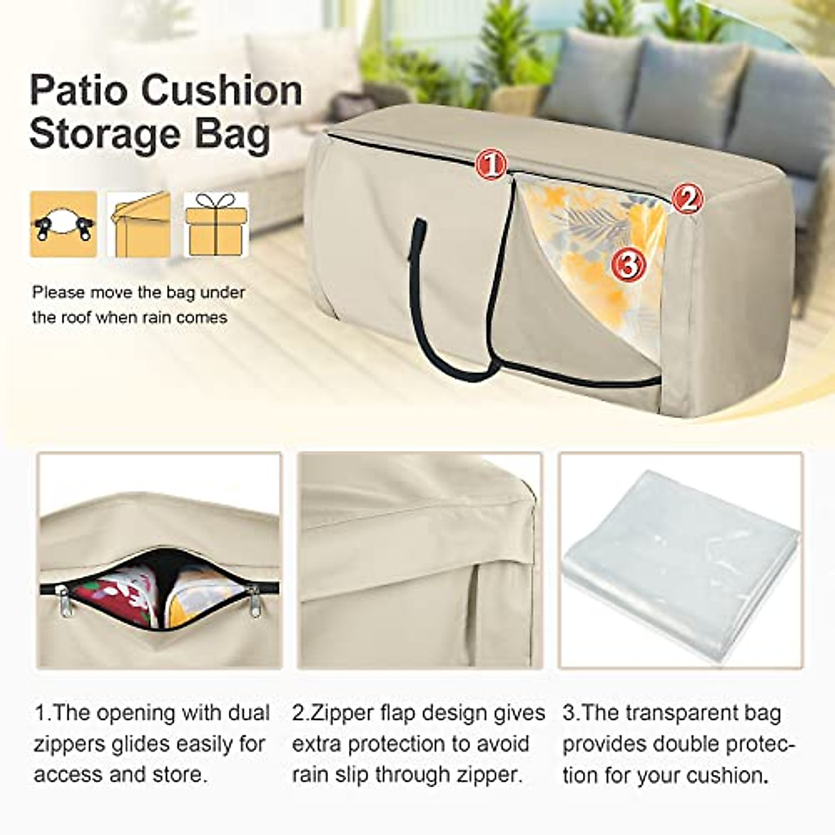 Porch Shield Outdoor Cushion Storage Bag 62 inch Waterproof Outside Storage Bags for Patio Furniture with Zippers and Handles