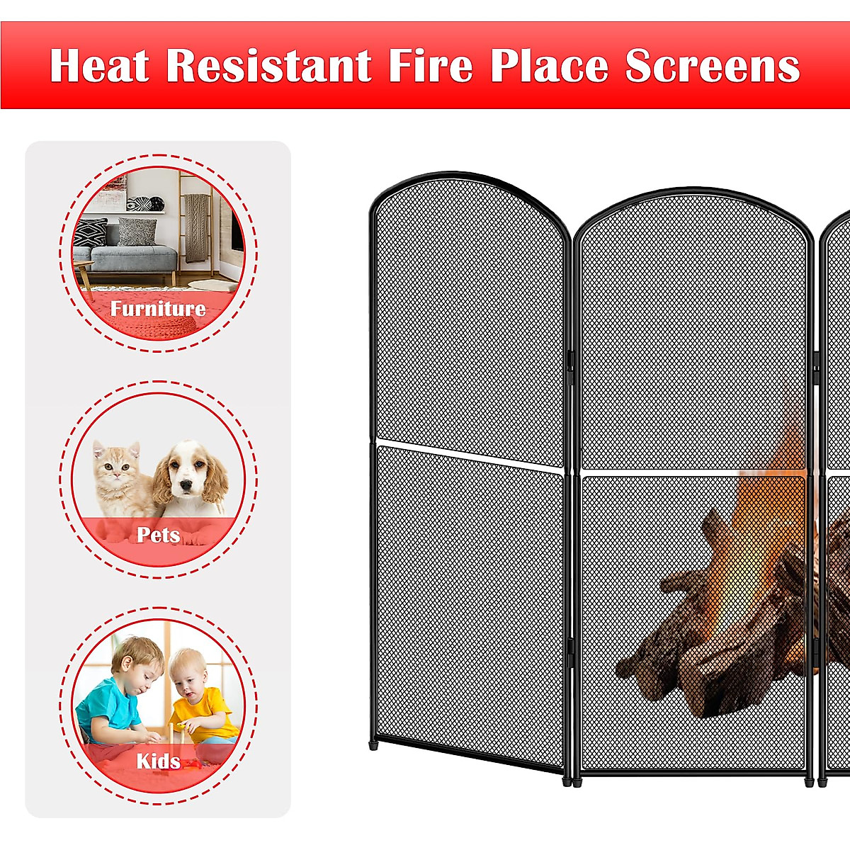 OYEAL Fireplace Screen Stand Black 4 Panel Fireplace Cover Metal Fire Spark Guard Cover Foldable Decorative Fireplace Screen for Home Indoor Fireplace, Black (47.8" W x 31" H)