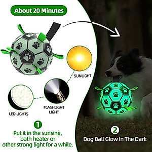 QDAN Glow in The Dark Dog Toys Soccer Ball with Straps, Interactive Dog Toys Puppy Birthday Gifts, Dog Tug Water Toy, Indoor/Outdoor Light Up Dog Balls for Small & Medium Dogs（8 Inch Size 3）