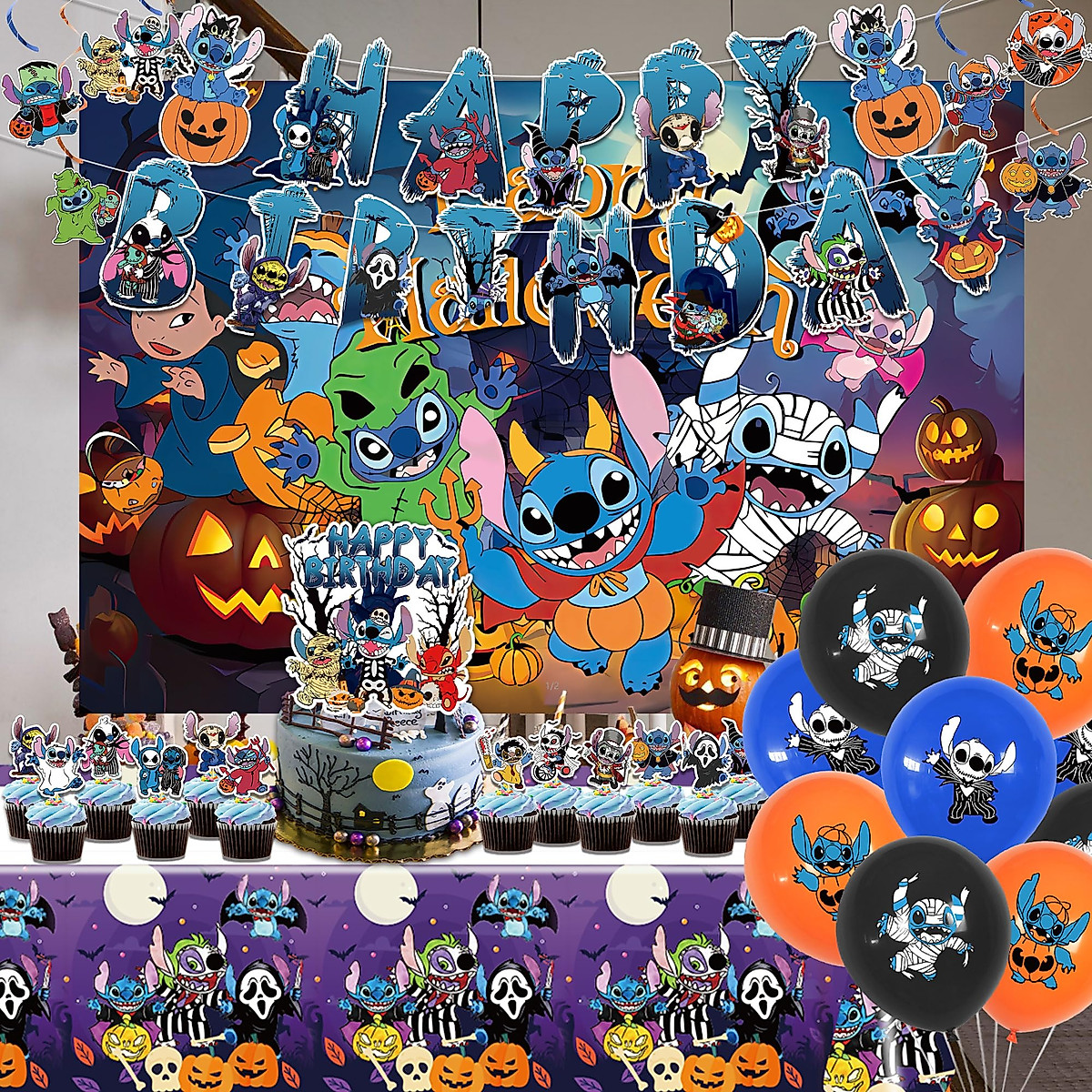 Stitch Birthday Party Supplies, 112 pcs Stitch Party Decorations and Tableware Set-Stitch Plates and Napkins Cups Backdrop for Stitch Birthday Supplies Lilo Stitch party Decorations