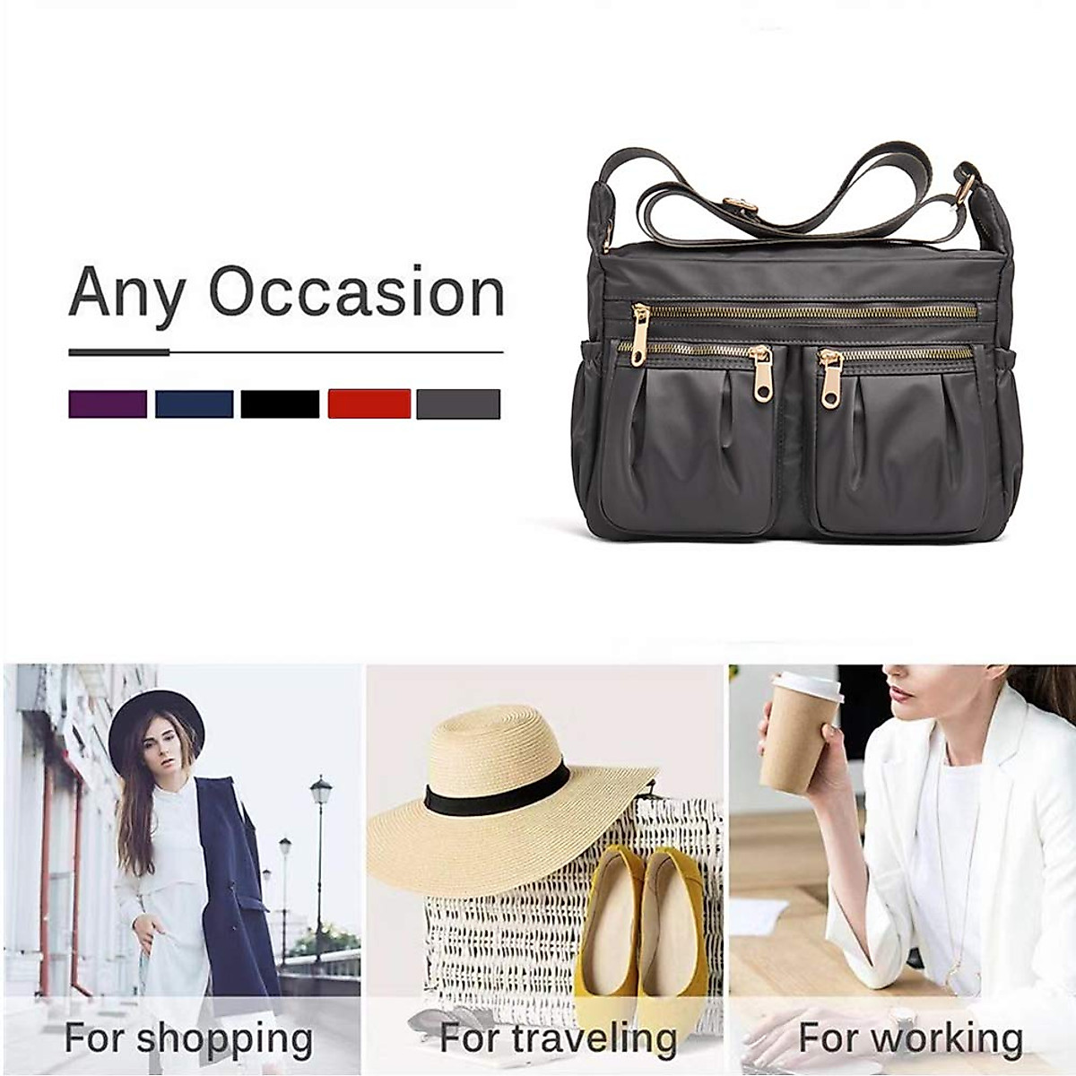 Crossbody Bags for Women,SHINON Multi Pocket Shoulder Bags, Lightweight Nylon Waterproof Casual Travel Purse Messenger Bags. (Grey)