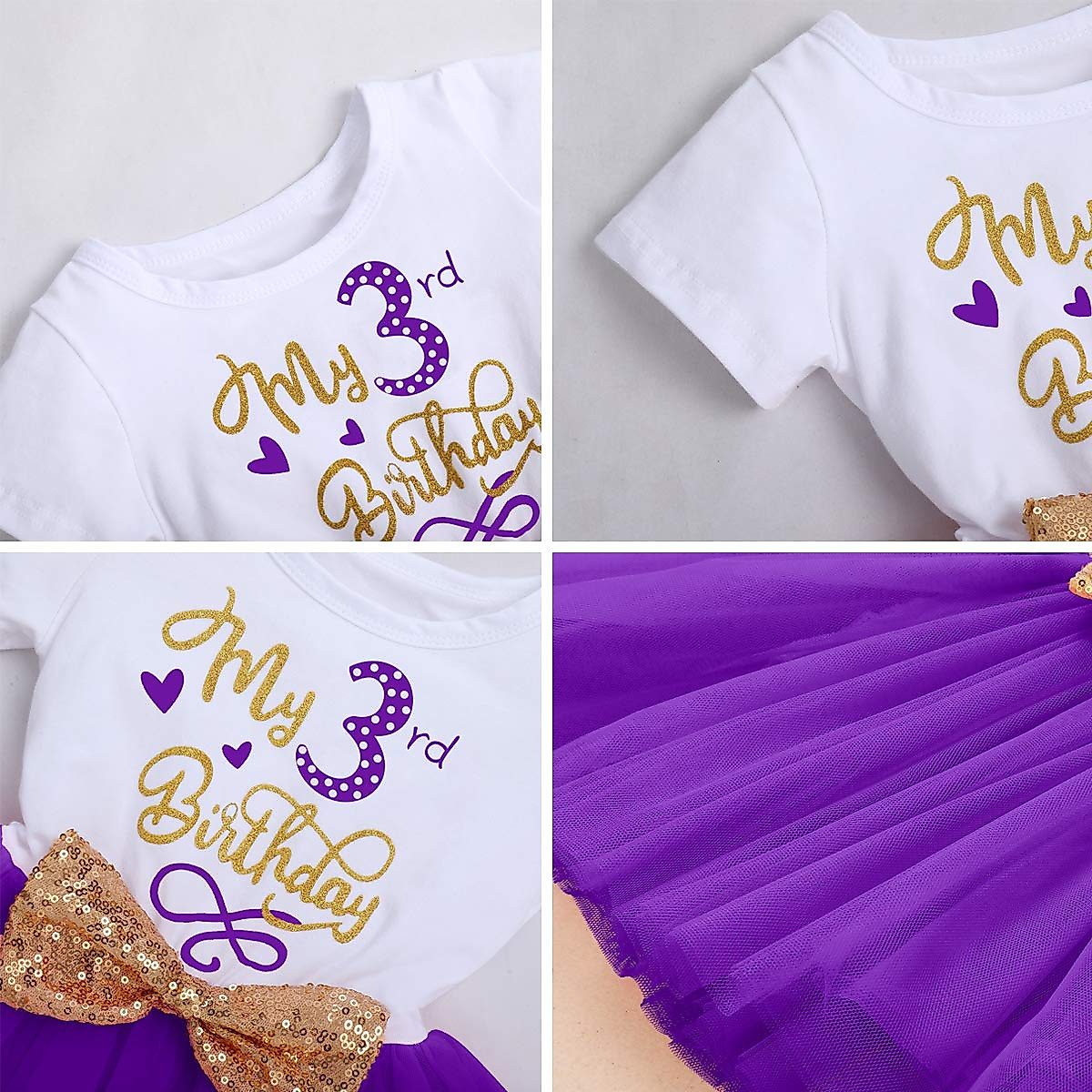 ODASDO Toddler Kids Girls My 3rd Third Birthday Party Dress Sequin Bowknot Headband Cake Smash Outfit Summer Cotton Short Sleeve A-line Tulle Tutu Princess Skirt Photo Props Purple 3 Years