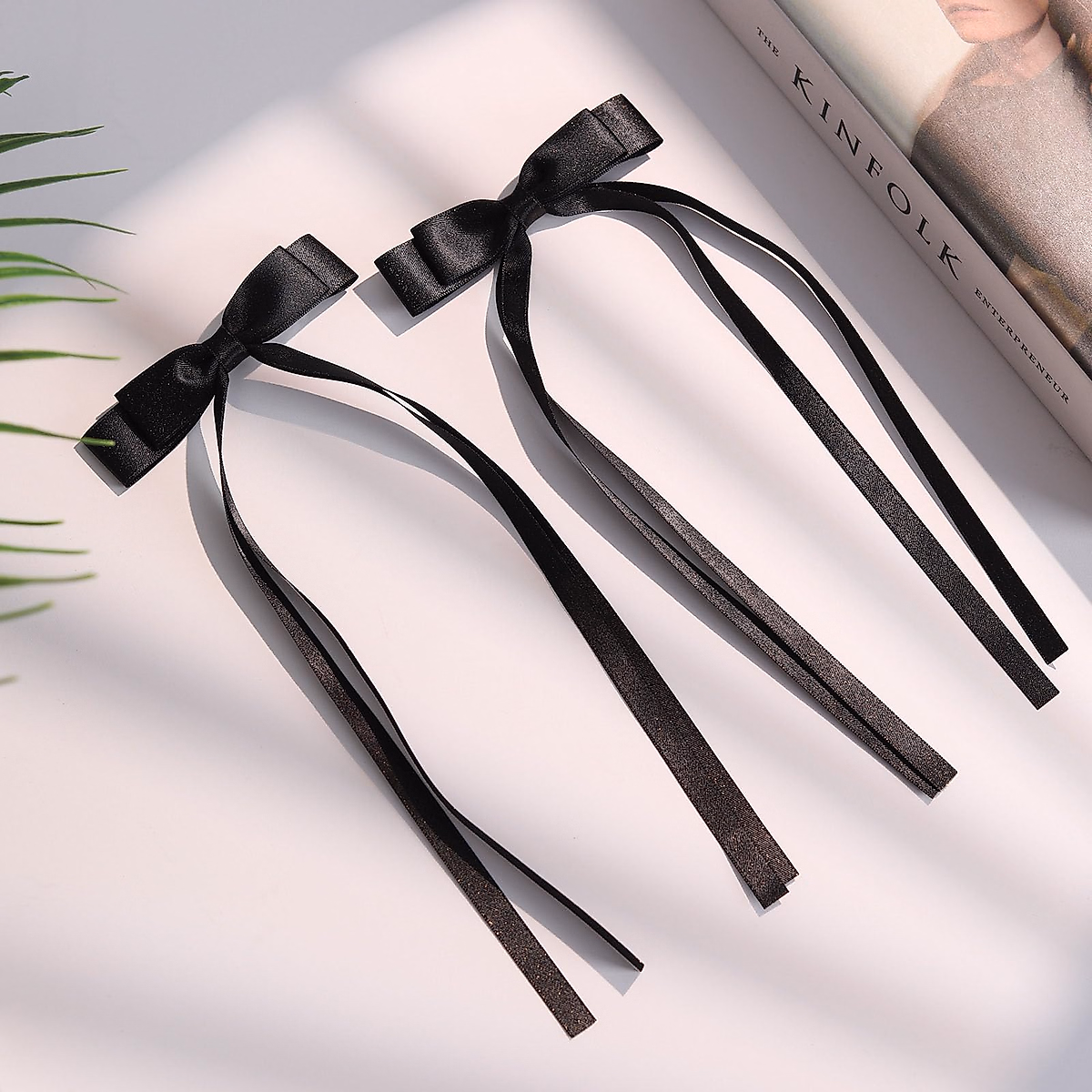 VOBOBE 2PCS Hair Bows for Women Girls, Tassel Ribbon Bowknot Hair Clips Barrettes for Girl with Small Long Tail Solid Satin Hair Accessories (Black-Glitter)