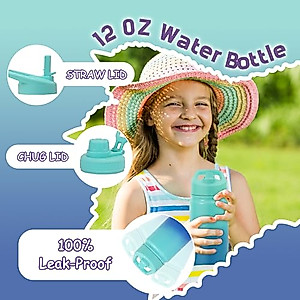 Mininoo Insulated Kids Water Bottle, 12 oz Stainless Steel Water Bottle Kids with Straw Lid and Chug Lid for Girls, Boys (Sky/Blue)