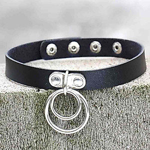 TUTOUD Black Collar Choker Rock Punk Double Ring Leather Necklace Female Adjustable Soft Collar Chain for Women Girls
