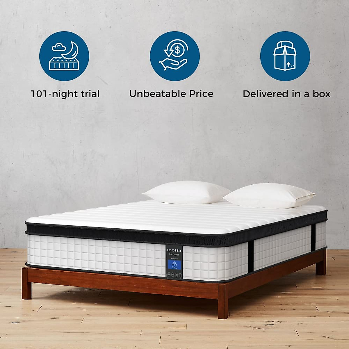 Inofia Queen Mattress, 10 Inch Hybrid Innerspring Double Mattress Cool Bed with Breathable Soft Knitted Fabric Cover, 101 Risk-Free Nights Trial