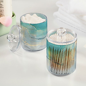 Turquoise Gold Splash Marble Qtip Dispenser Apothecary Jars Bathroom Qtip Holder Storage Canister Plastic Jar 10 Oz for Cotton Ball Swab Round Pads Floss 2pcs
