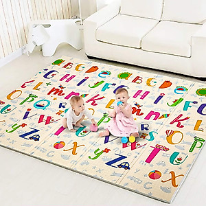 Baby Play Mat Extra Large Baby Mat Folding Foam Playmat Kids Crawling Mat Reversible Non Toxic Waterproof for Infants Toddlers Thicker 0.6inch (Beige 0.6in)