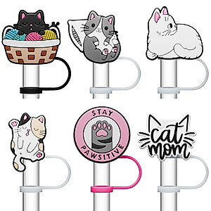 6 PCS Silicone Spill Stopper Set for Stanley Cup Straw Covers 30 oz / 40 oz Tumbler Leak Proof Drink Stoppers Silicone Straw Stopper Caps for Stanley Cup Accessories-Cat