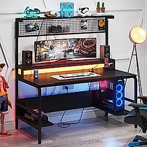 Tribesigns 55 Inch Gaming Desk with 2-Outlet & 2 USB Ports, Large Computer Desk with Monitor Stand, Ergonomic Gamer Table with Metal Storage Basket, Black