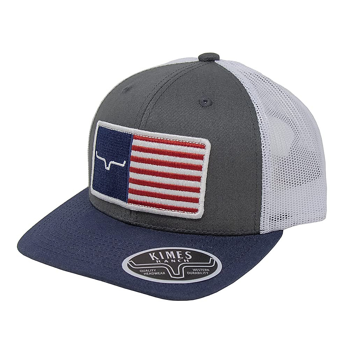 Kimes Ranch Men's American Flag Logo Patch Mesh Back Trucker Cap Charcoal One Size