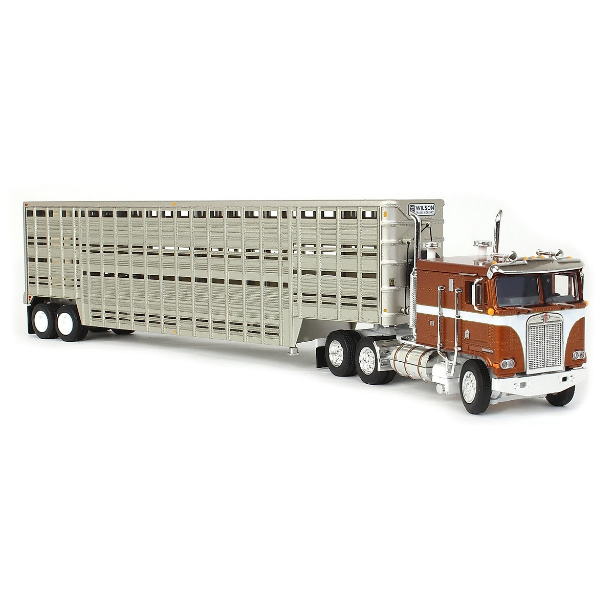 DCP 1/64 Brown Kenworth K100 COE Flattop with 45ft Wilson Vintage Livestock Trailer 60-1814