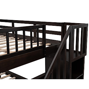 Harper & Bright Designs Full Over Full Bunk Bed with Stairs, Solid Wood Bunk Bed with Storage and Guardrail for Kids Teens Adults (Espresso)