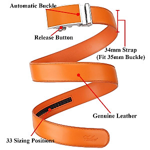 Falari Leather Dress Belt Ratchet Belt Holeless Automatic Buckle Adjustable Size 8001 (8801 Orange, Fit from 28 to 36")