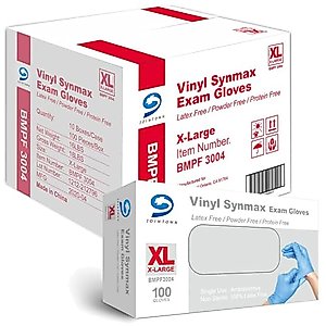 Synmax Vinyl Exam Gloves Disposable Exam Gloves, 4 Mil, Latex & Powder Free, Food-Safe, Lightly-Textured, Blue XL Size Case of 1000