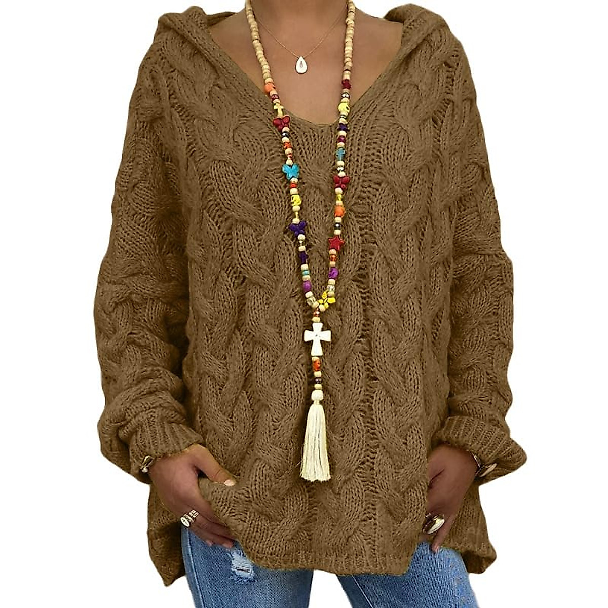 GDDXLM Womens Sweaters Hoodies Pullover V Neck Long Sleeves Tops Plus Size Shirt Chunky Cable Knit Sweater Solid Color Jumper Casual Loose Twist Knitting Sweatshirt Blouses Knitwear