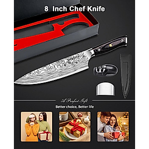 MOSFiATA 8" Super Sharp Professional Chef's Knife with Finger Guard and Knife Sharpener, German High Carbon Stainless Steel EN1.4116 with Micarta Handle and Gift Box