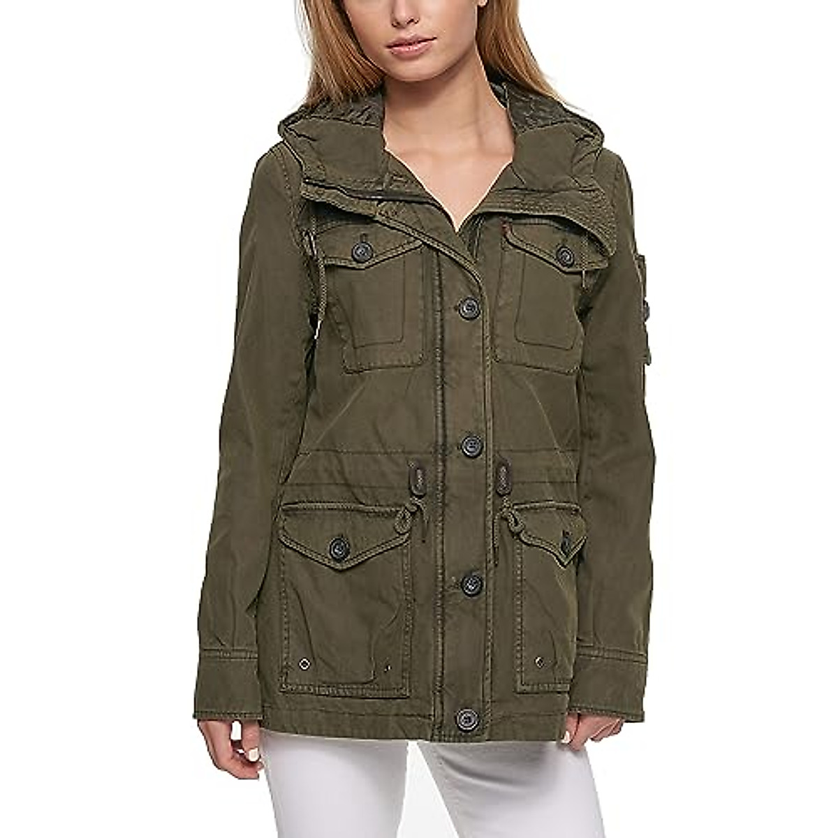 Levi's Women's Cotton Four Pocket Hooded Field Jacket, Army Green, L