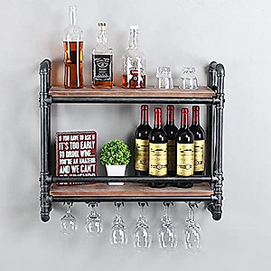 Industrial Pipe Wall Mounted Wine Racks with 5 Stem Glass Holders for Wine Glasses,2-Tier Storage Wood Shelves,Mugs Rack,Bottle & Glass Holder,Wine Storage Display Rack,Home Décor