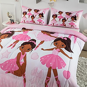 CKOU CCOO Girls Pink Ballerina Comforter Set Twin,African American Black Girl Bedding Set,Cute Little Ballet Princess Comforter Set Bedspread for Kids Toddler Girls BeBedroom Set Room Decor