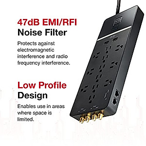 Rocketfish 12-Outlet/2-USB Surge Protector Strip - Provides Protection & Convenient Mobile Phone Charging - Black